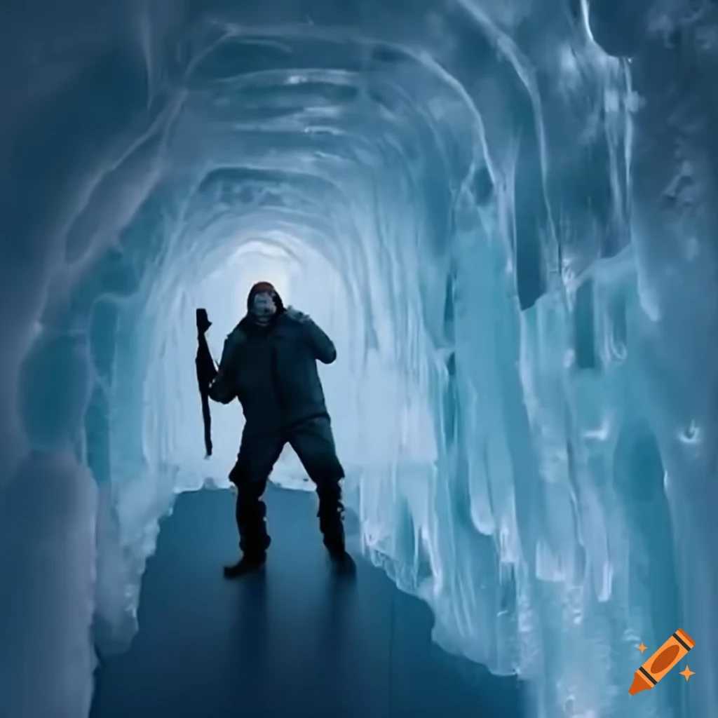 Man exploring an icy tunnel with a flashlight