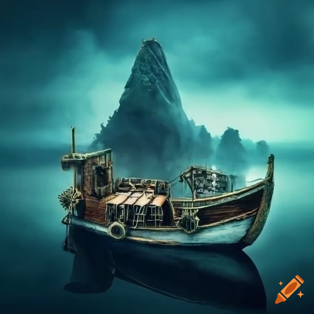 Surreal steampunk boat sailing in a strange sky