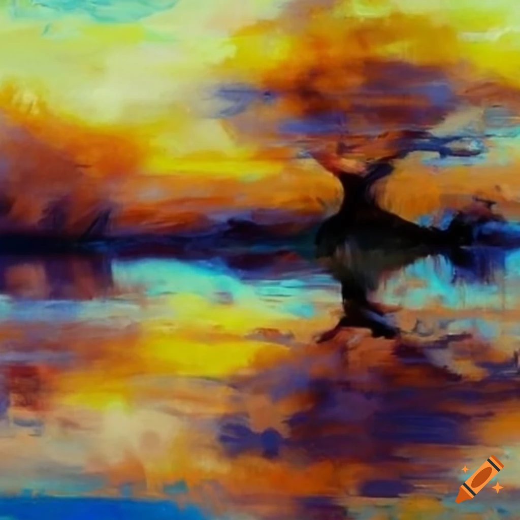 Abstract painting of trees and river with complex colors on Craiyon