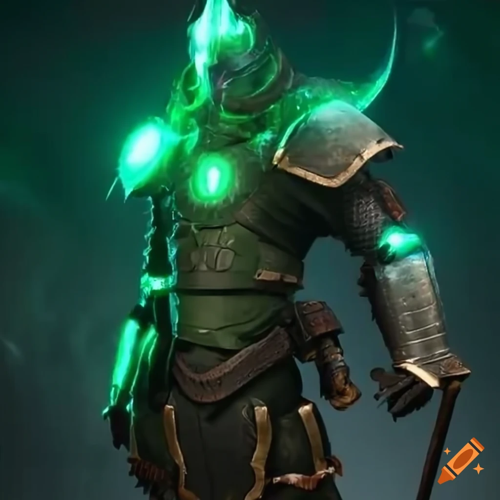 Illustration of a warlord with glowing green armor and war hammer on ...