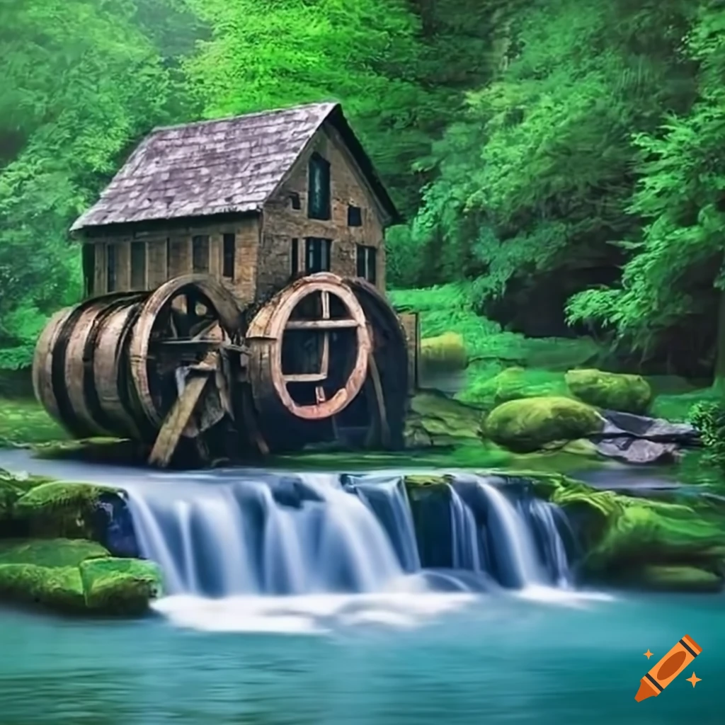 Watermill operating by a river on Craiyon