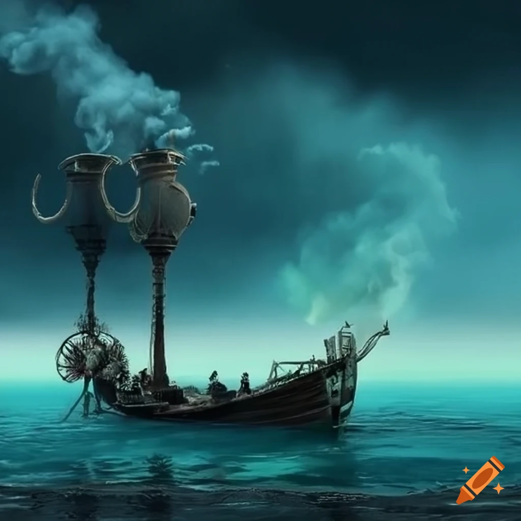 Surreal steampunk artwork with strange creatures on a beach on Craiyon