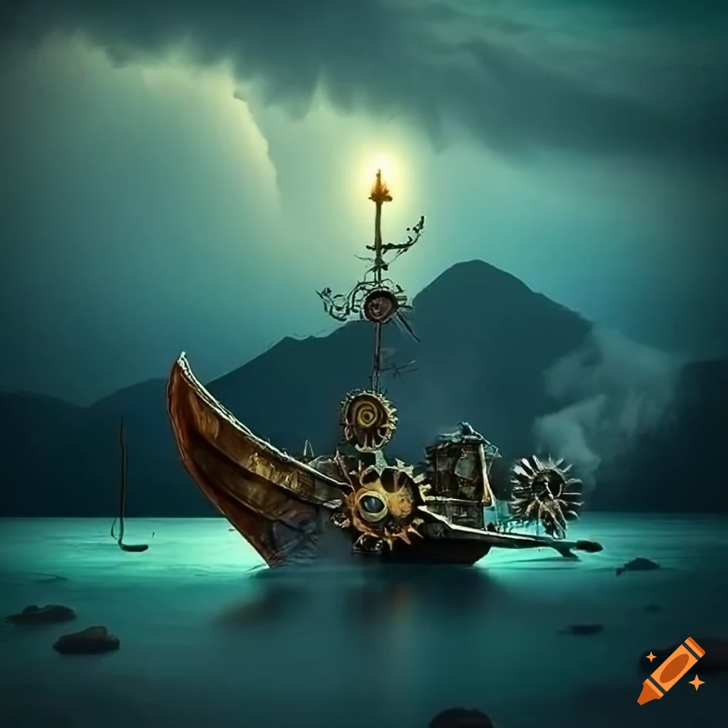 Surreal depiction of a steampunk boat on a beach on Craiyon
