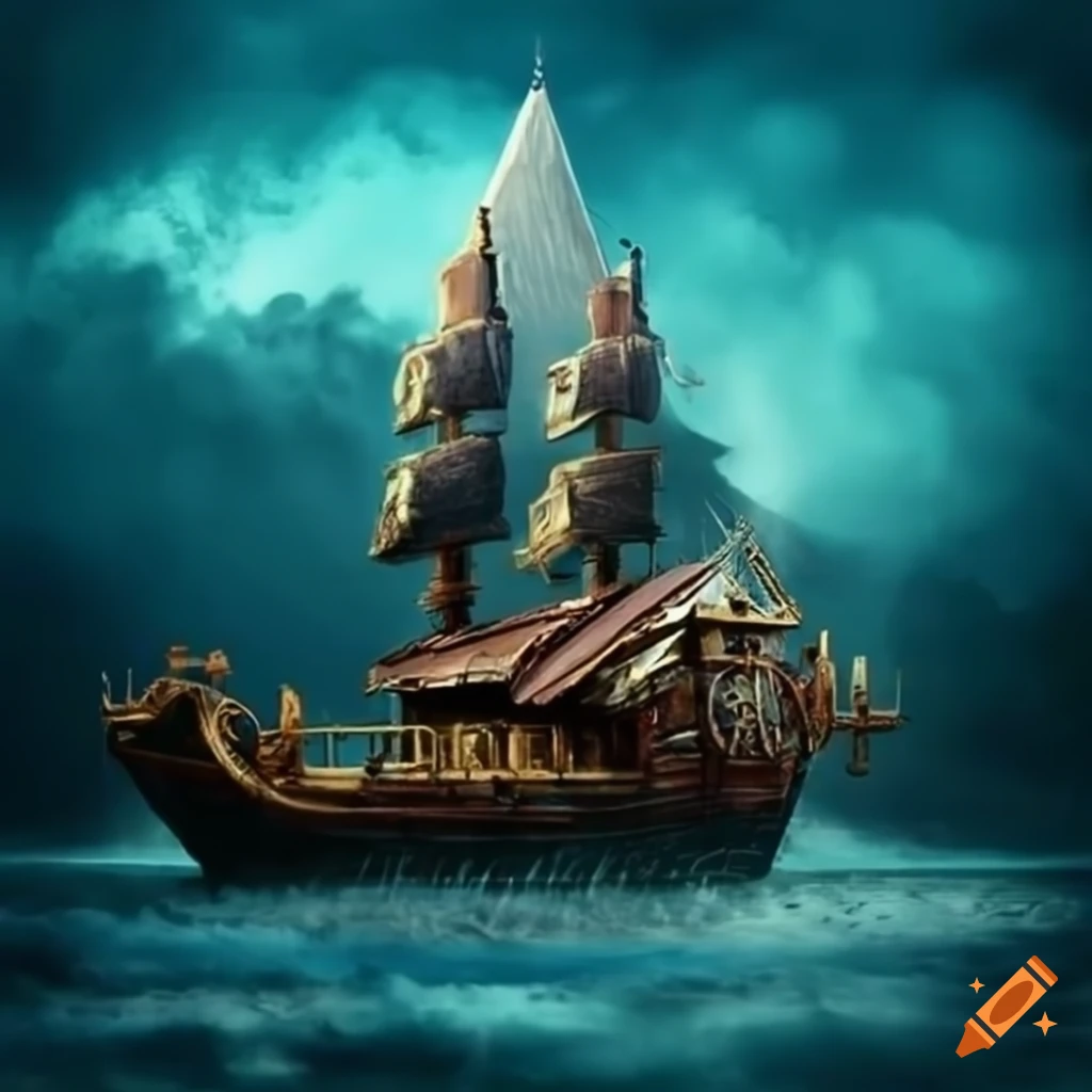 Surreal steampunk machine boat sailing in a strange landscape