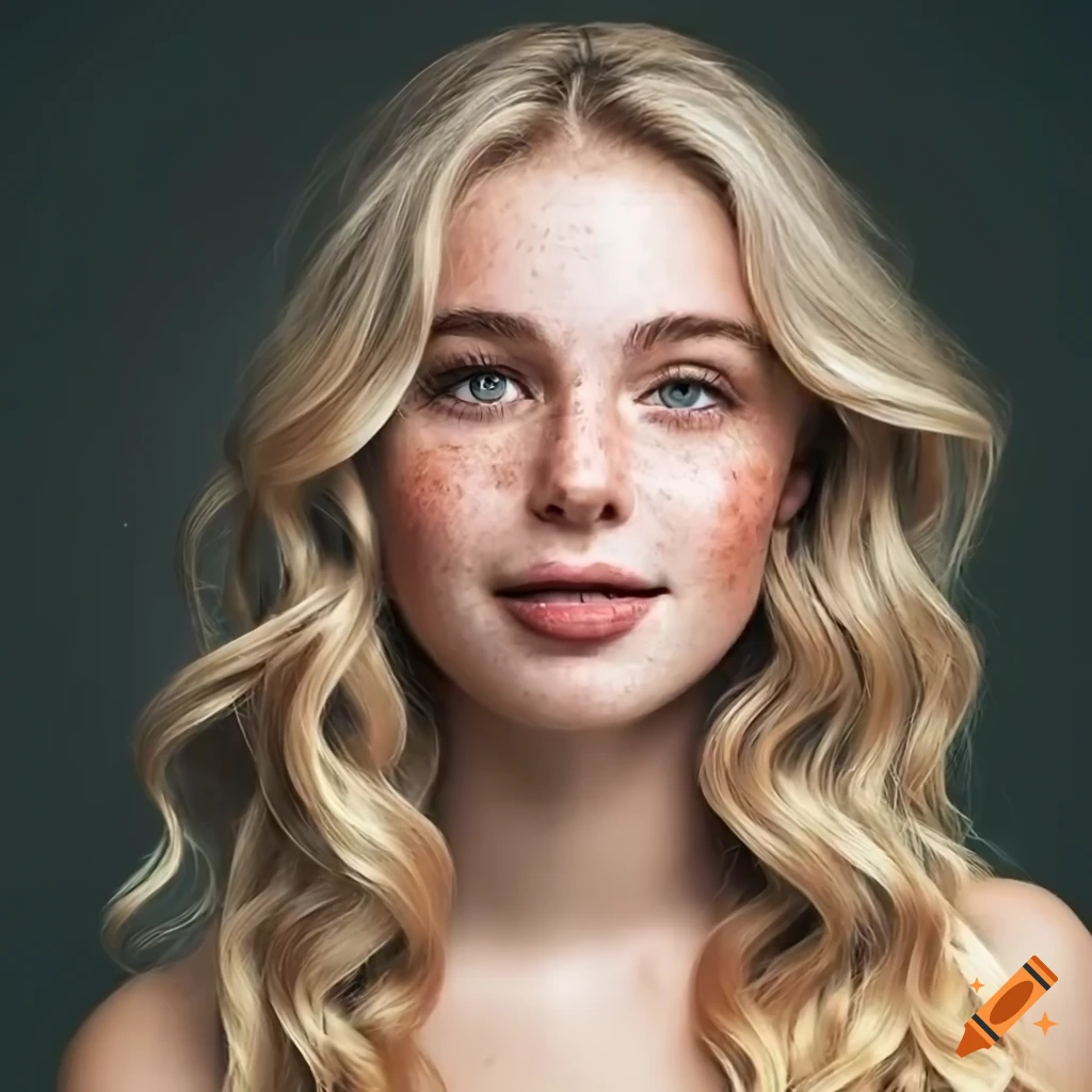 Portrait of a beautiful young woman with freckles and wavy blonde hair on Craiyon