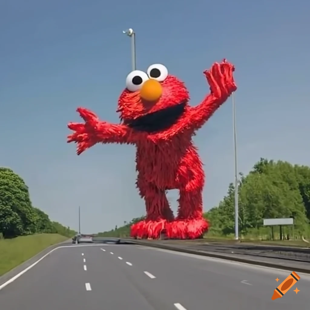 Giant elmo statue on a motorway on Craiyon