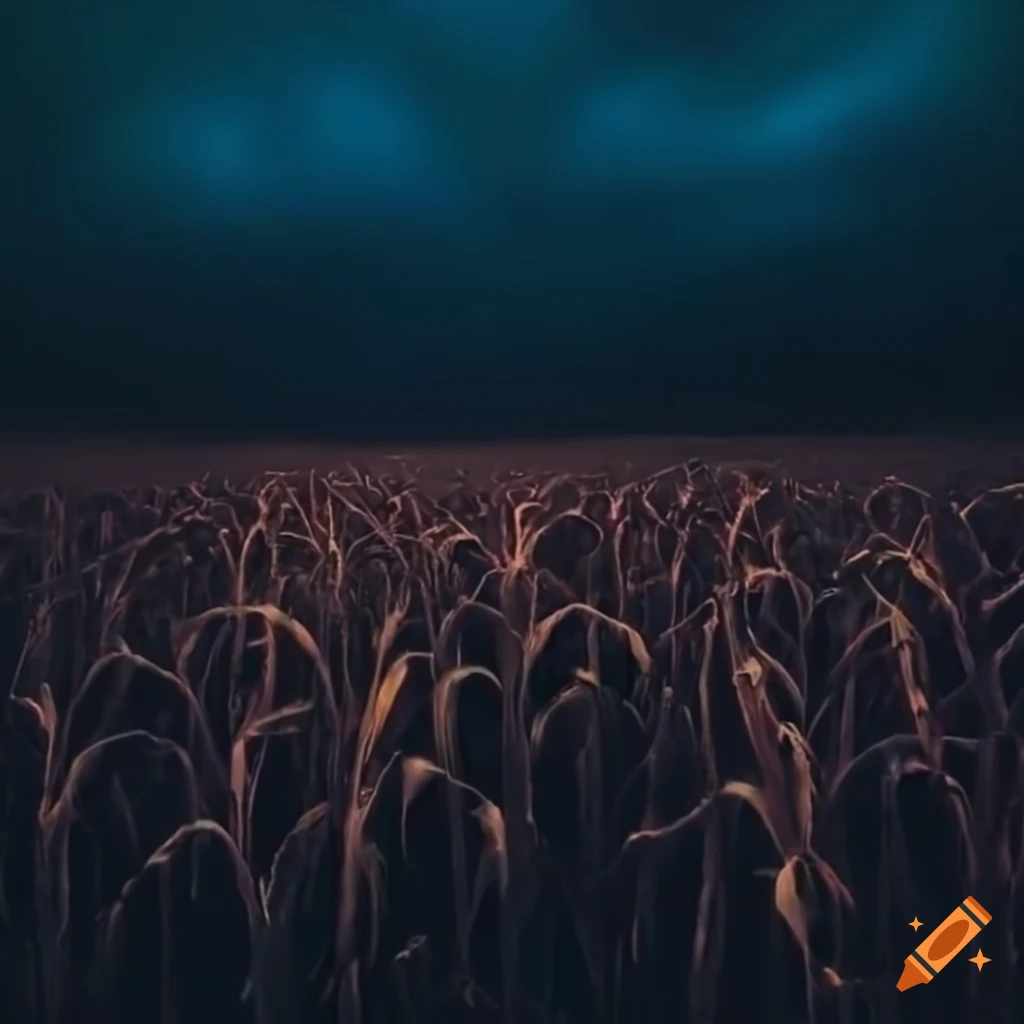 Aerial view of a creepy corn field at night on Craiyon