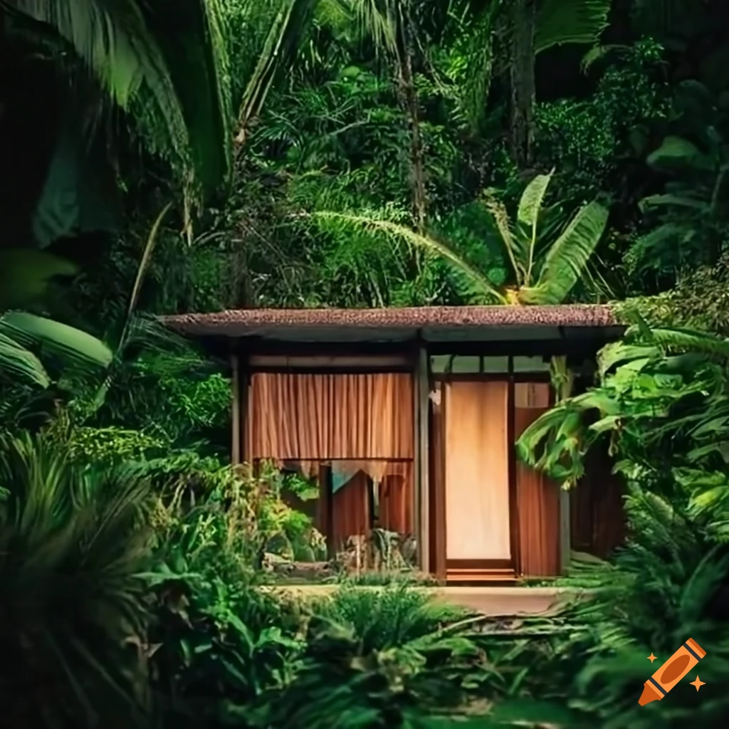 Tropical treehouse hidden in lush green surroundings with hanging vines ...