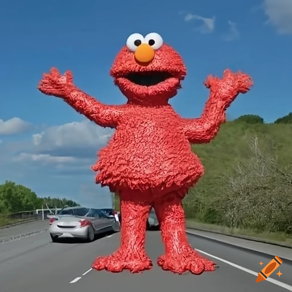 Giant elmo statue on a motorway on Craiyon