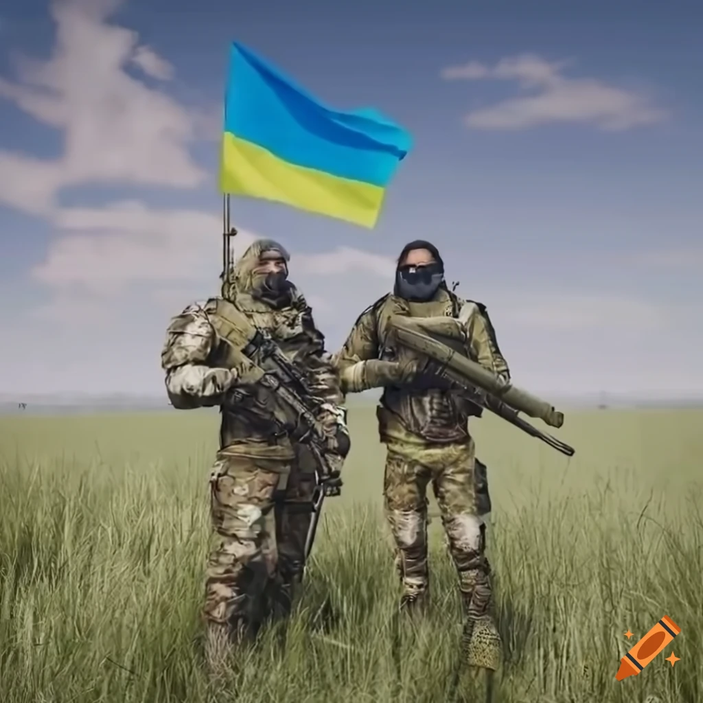 Portrait of ukrainian sci-fi soldiers with flag and tank on Craiyon