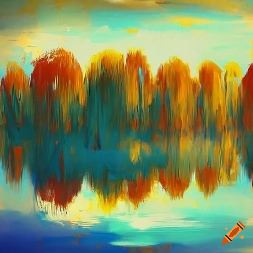 Abstract painting of a river shore in a forest on Craiyon