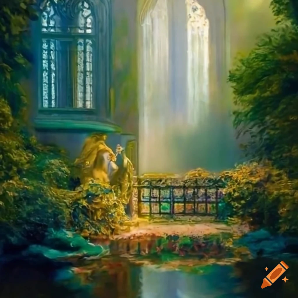 Monet-inspired painting of a garden with gold angel statues and a ...