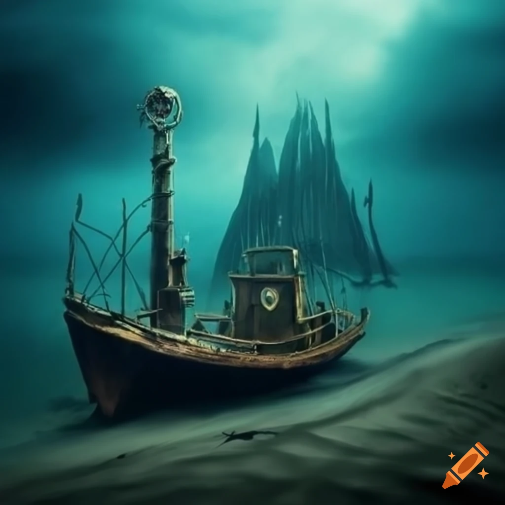 Surrealist steampunk artwork with beach and strange creatures on Craiyon