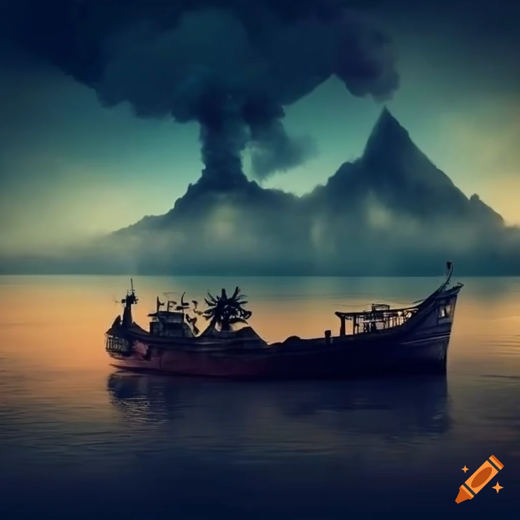 Surreal steampunk boat on a smoking sea