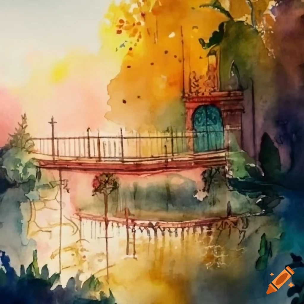Watercolor painting of a victorian garden with a pink balcony and a ...