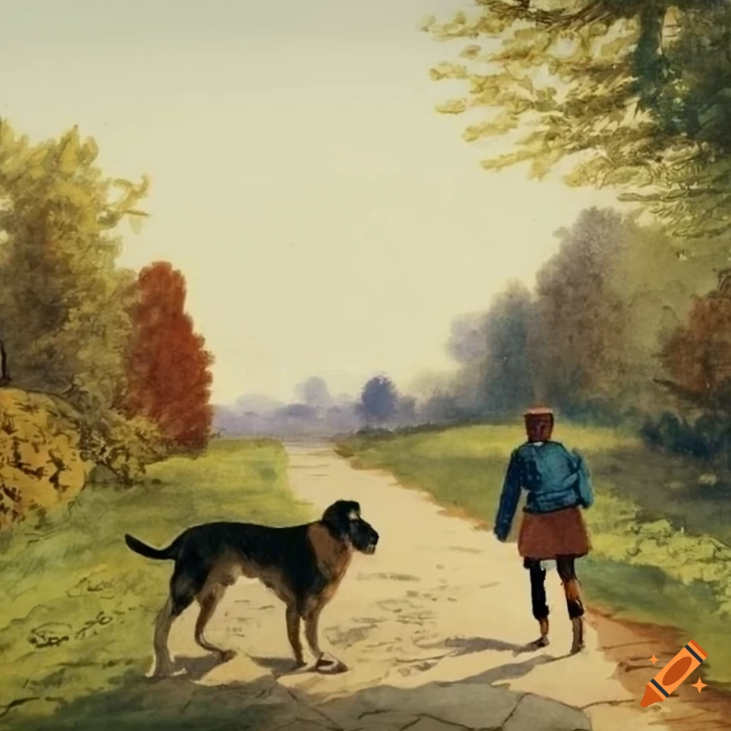 Detailed vintage drawing of person walking with a dog in the ...