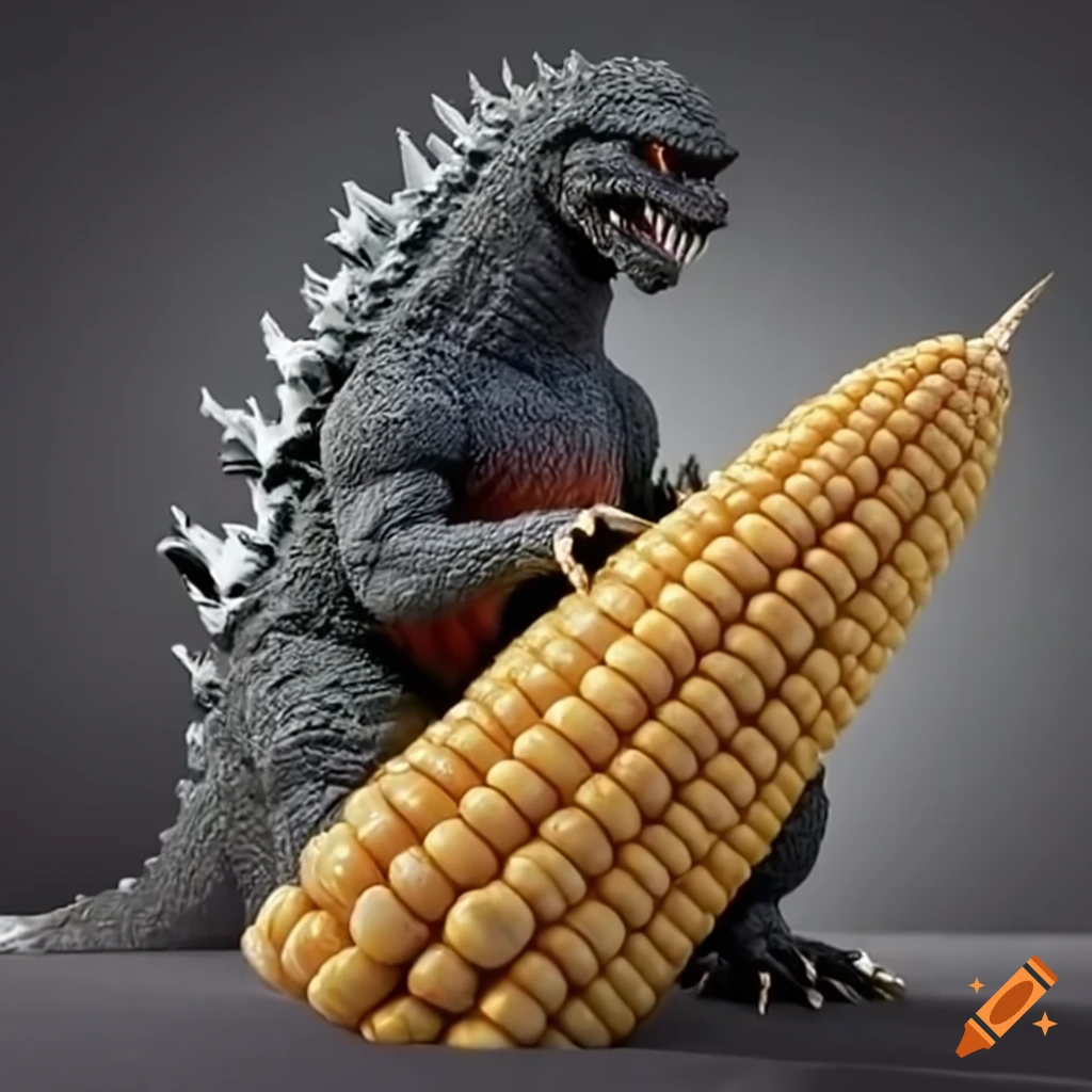Funny illustration of corn fighting godzilla