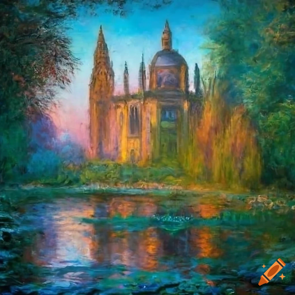 Monet's victorian garden balcony with a pond and a cathedral window on ...