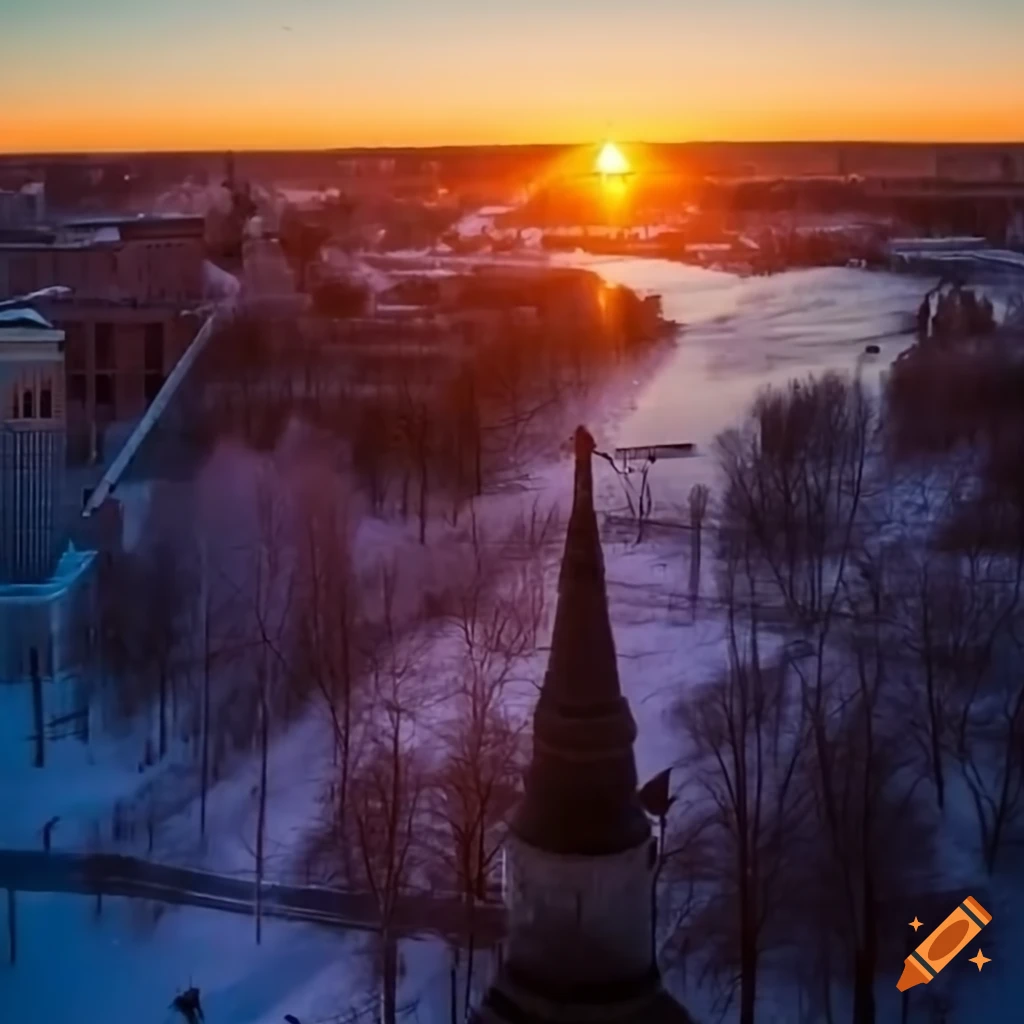 Sunrise view of tampere during winter war on Craiyon