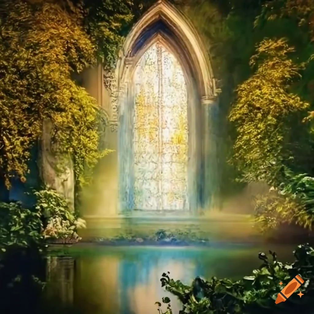 Victorian garden with golden angel statues and cathedral window