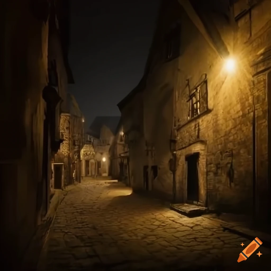 Realistic night view of a medieval town in heavy rain on Craiyon