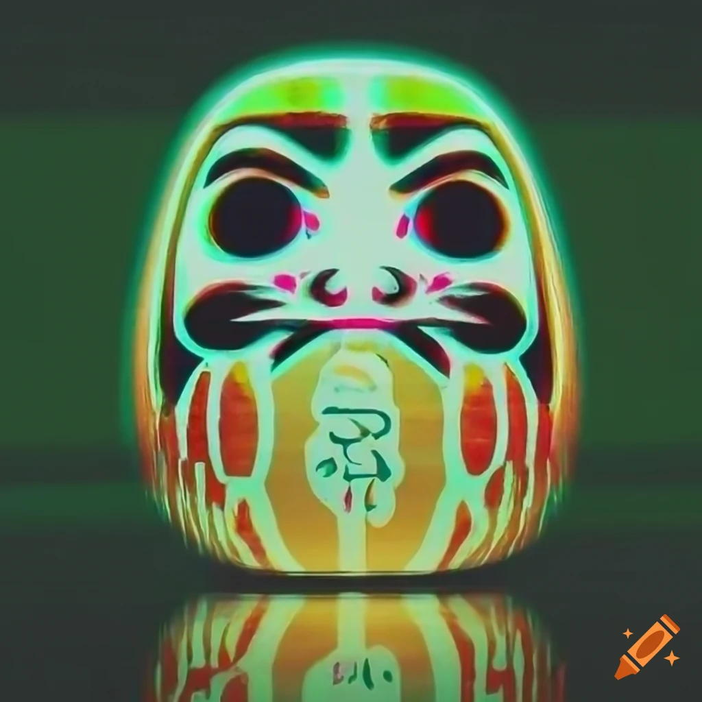 Double exposure of a japanese daruma doll and vhs glitch