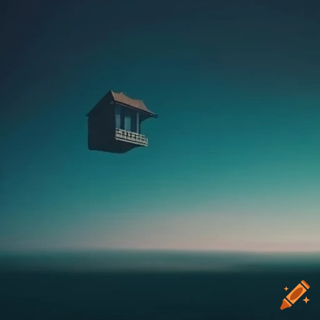 Surreal image of a flying house in an empty field