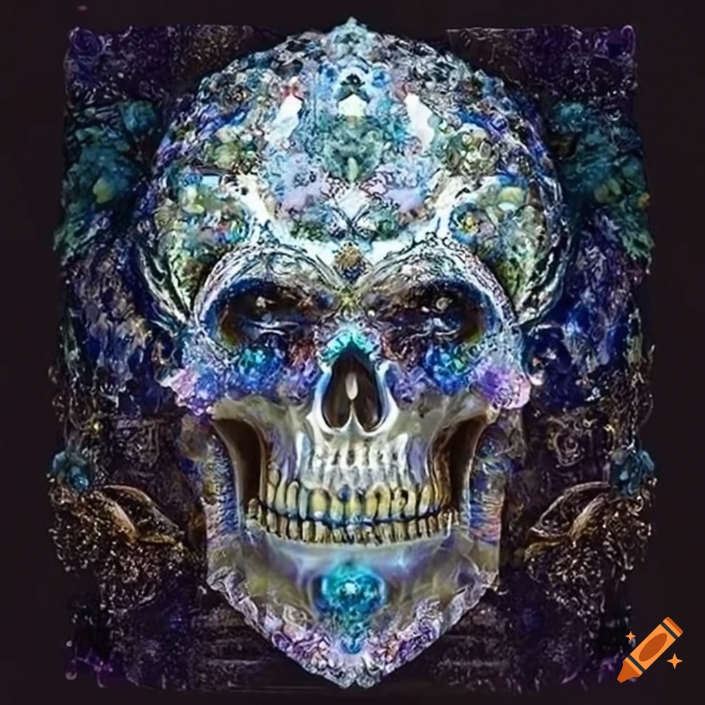 Intricate crystal skull artwork on Craiyon