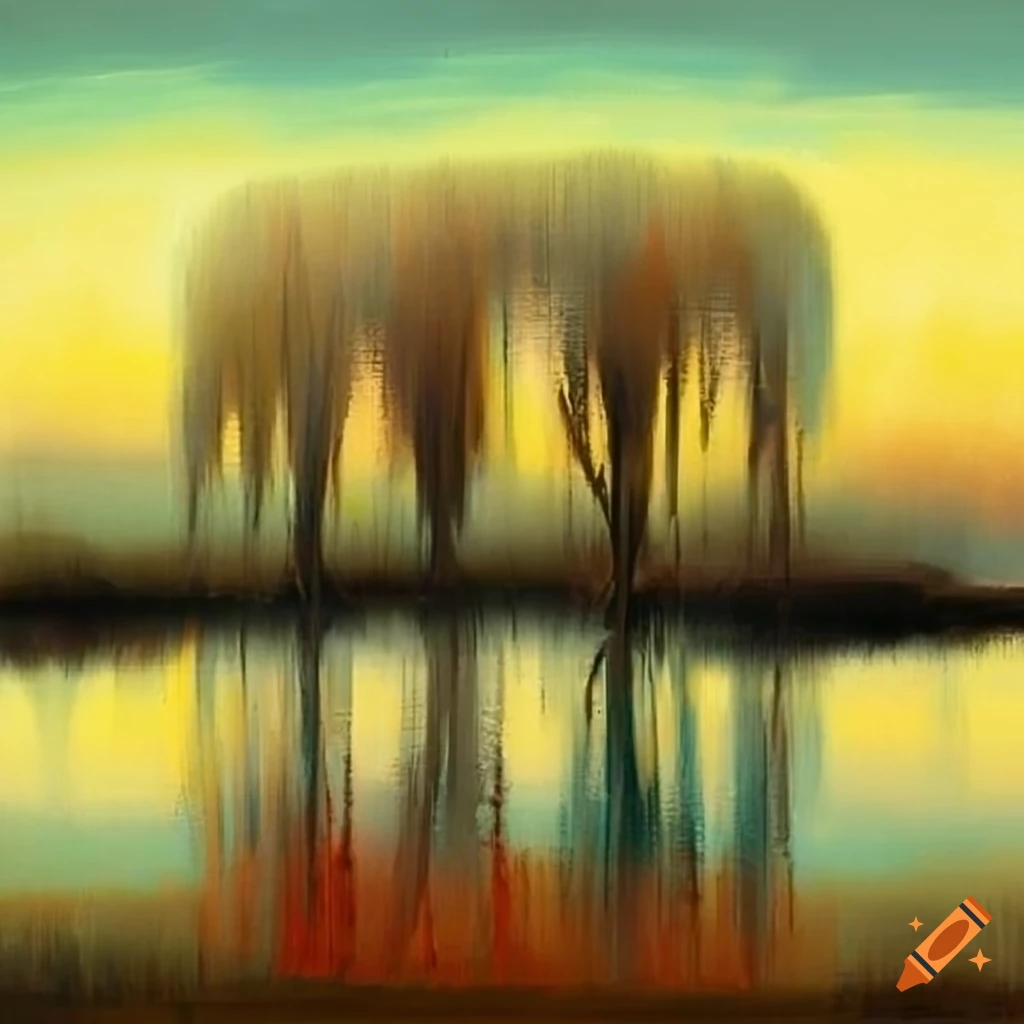 Abstract painting of a river and trees reflecting on the shore on Craiyon