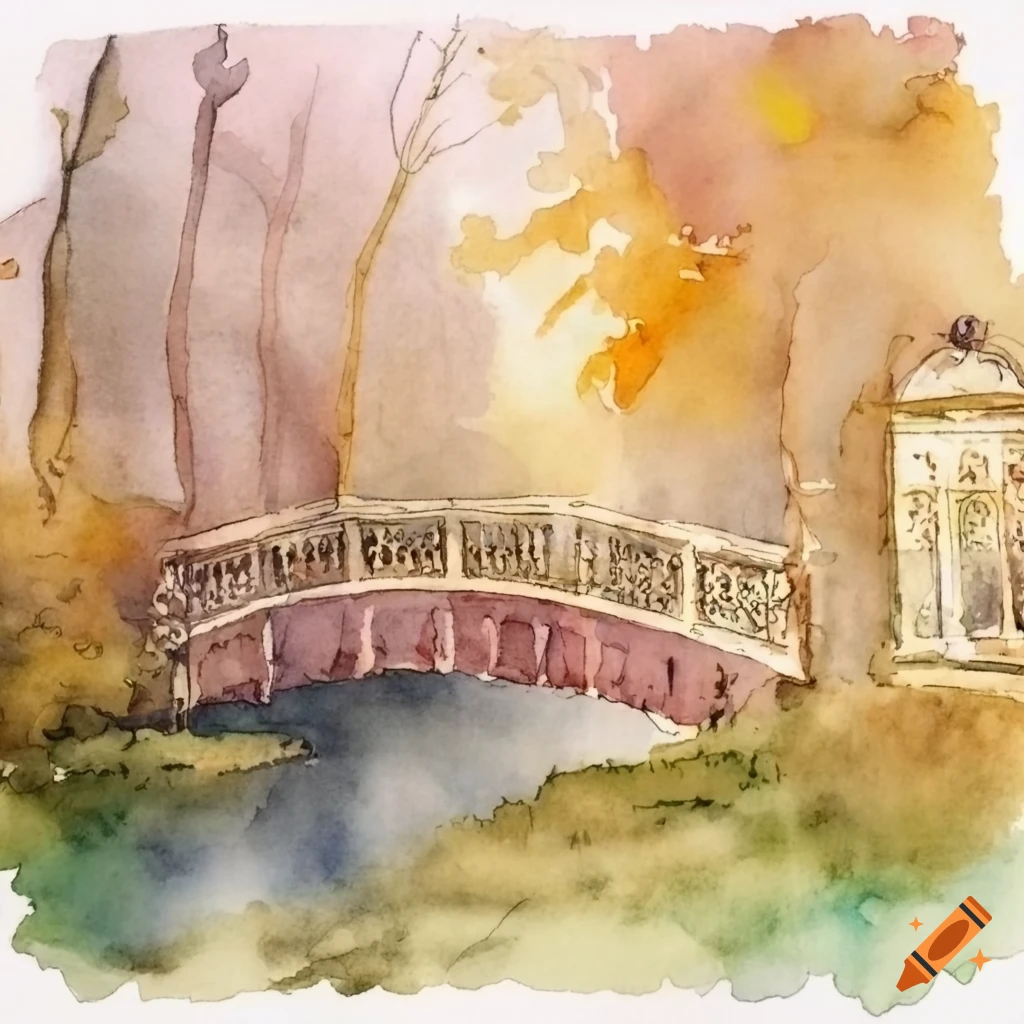 Watercolor painting of a victorian garden with a bridge and flowers