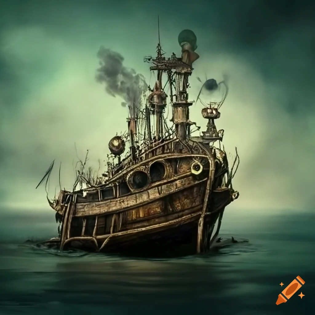 Surreal steampunk artwork with strange machines on a boat
