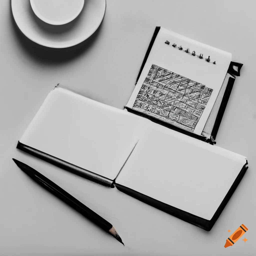Detailed pencil sketch of a calendar and a notebook on Craiyon