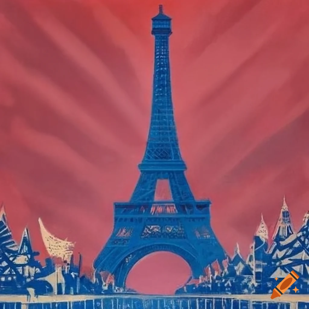 Blue, white and red Soviet era propaganda poster of the Eiffel Tower on ...