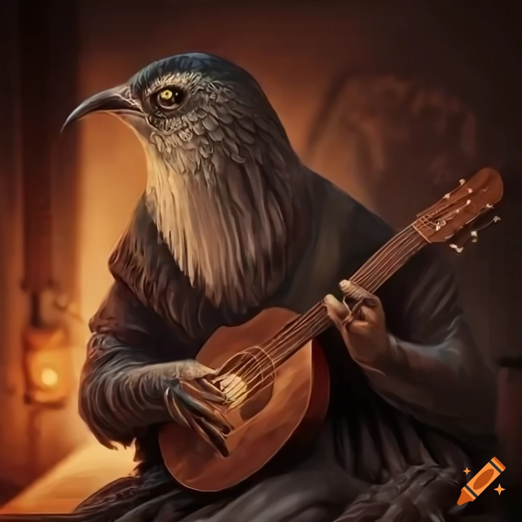 Fantastic medieval creature playing guitar in luthier workshop
