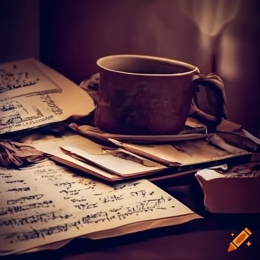 Writer writing a script on a messy table on Craiyon