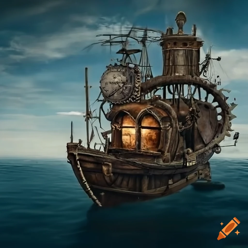 Steampunk boat in a surreal ocean setting