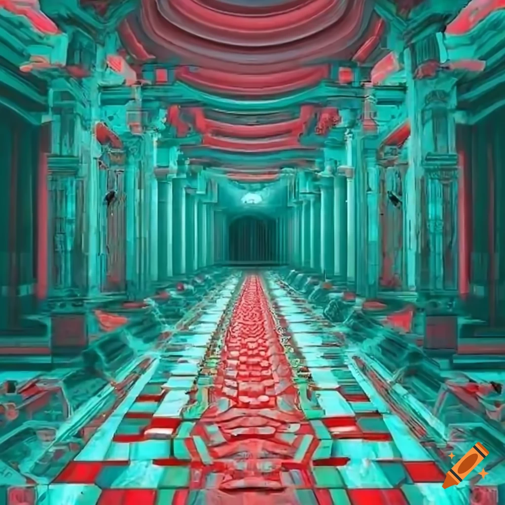 Dreamlike infinite hallway in space with water and blue skies on Craiyon