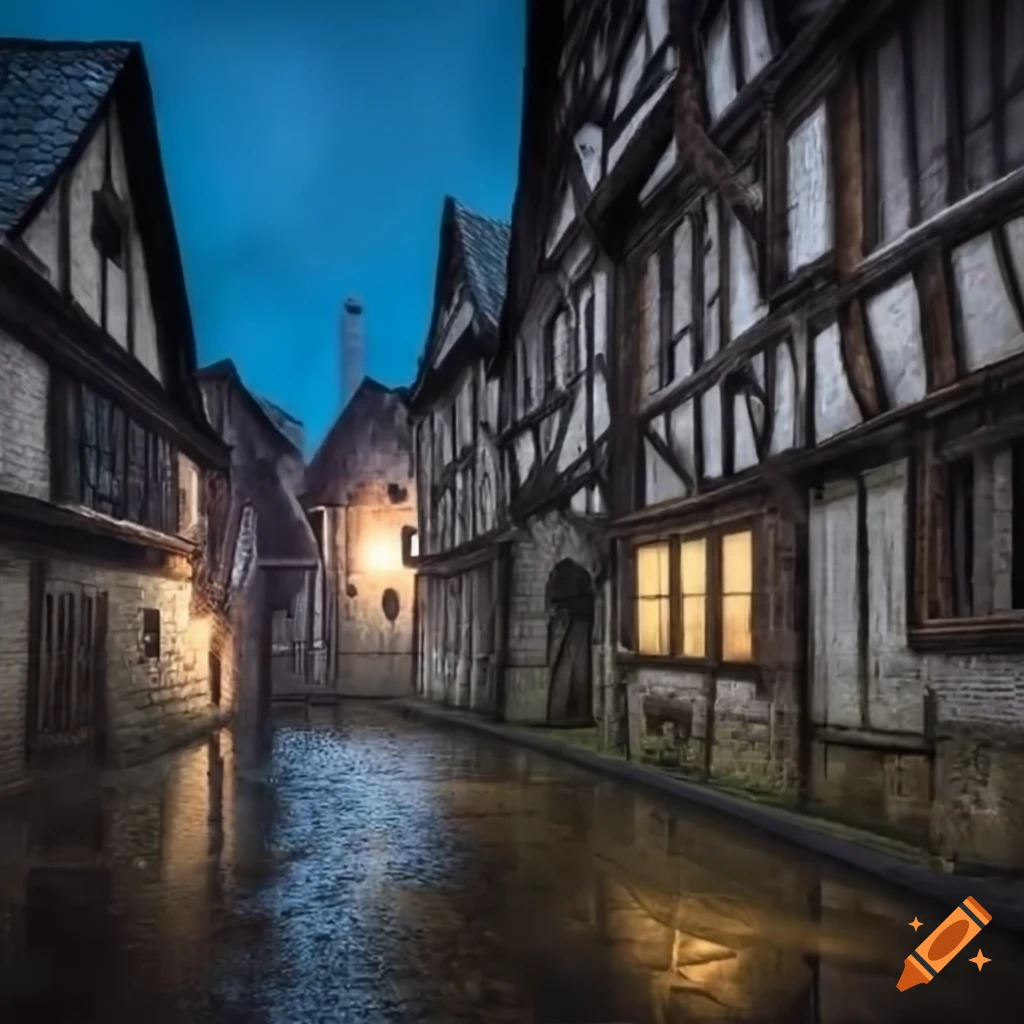 Realistic night view of a medieval town in heavy rain