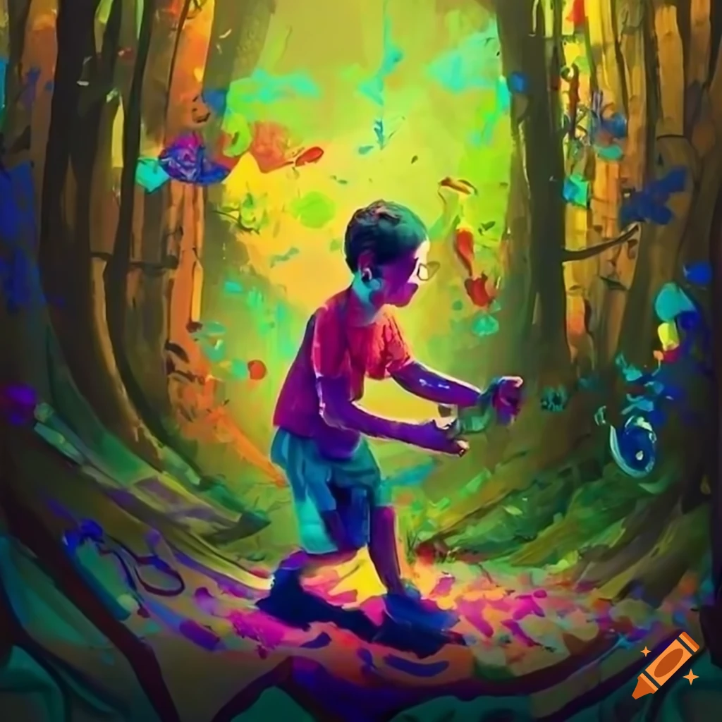 Surreal painting of a boy playing video games in a colorful forest on ...