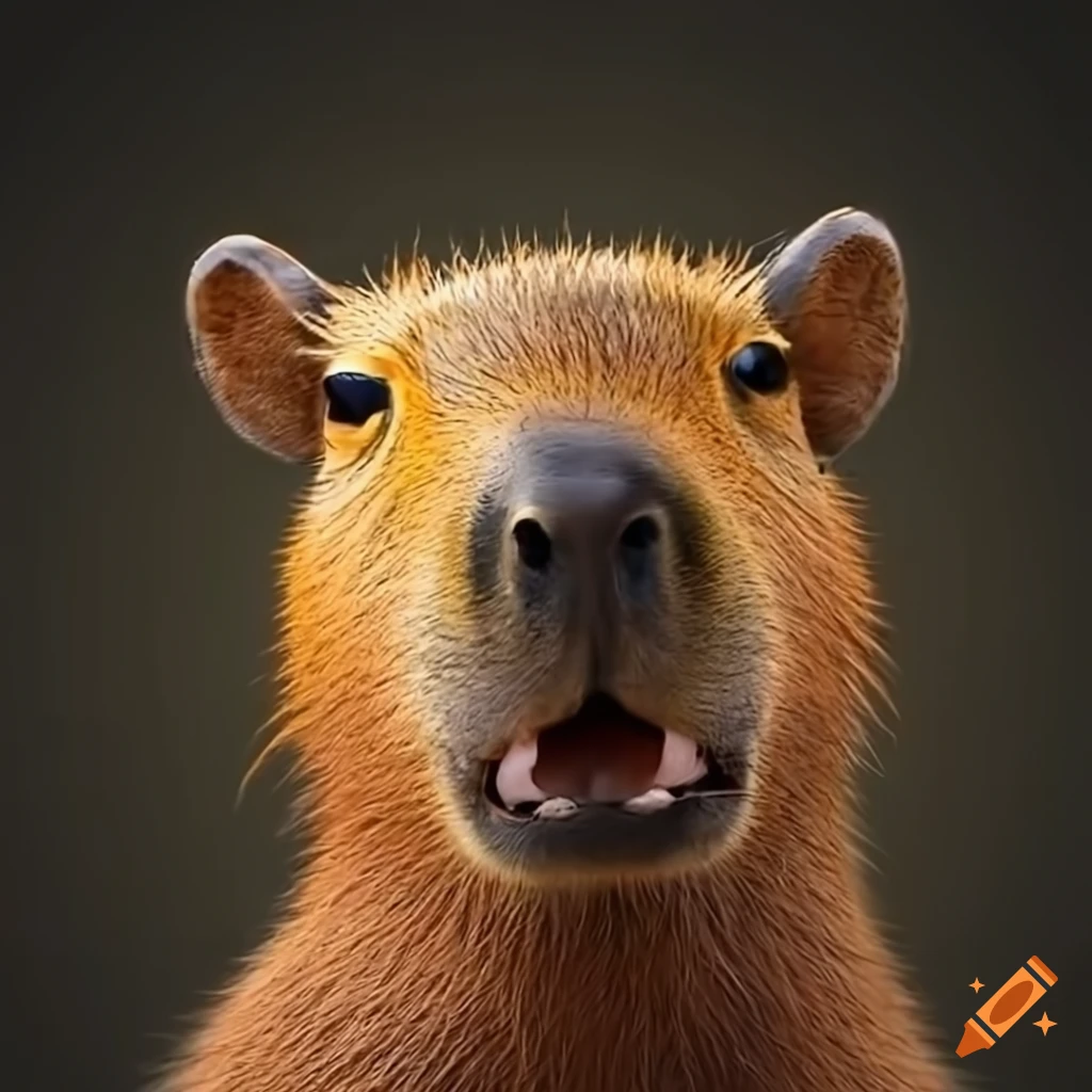 Capybara with an orange on her head, smiling