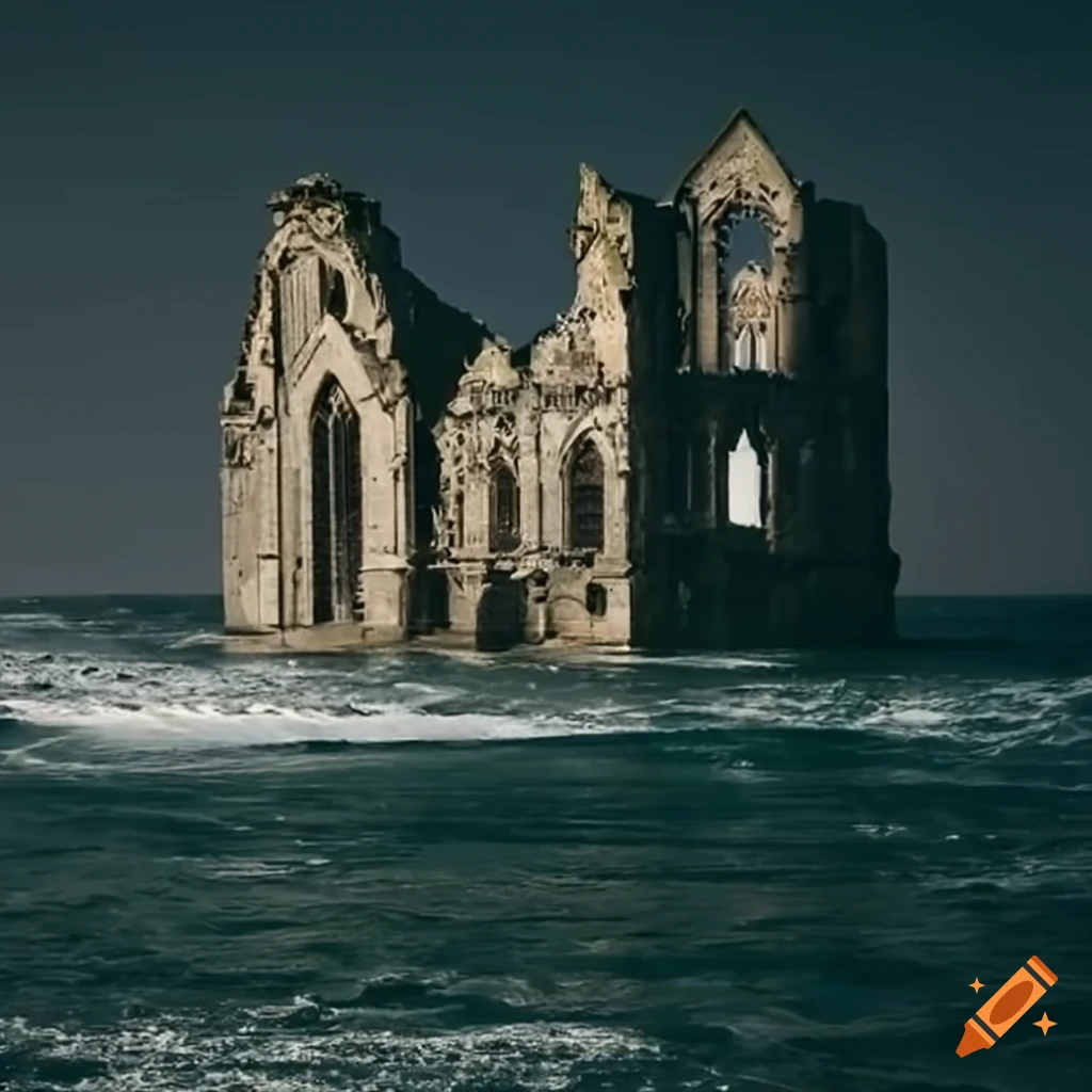 Picture of a ruined cathedral by the sea on Craiyon