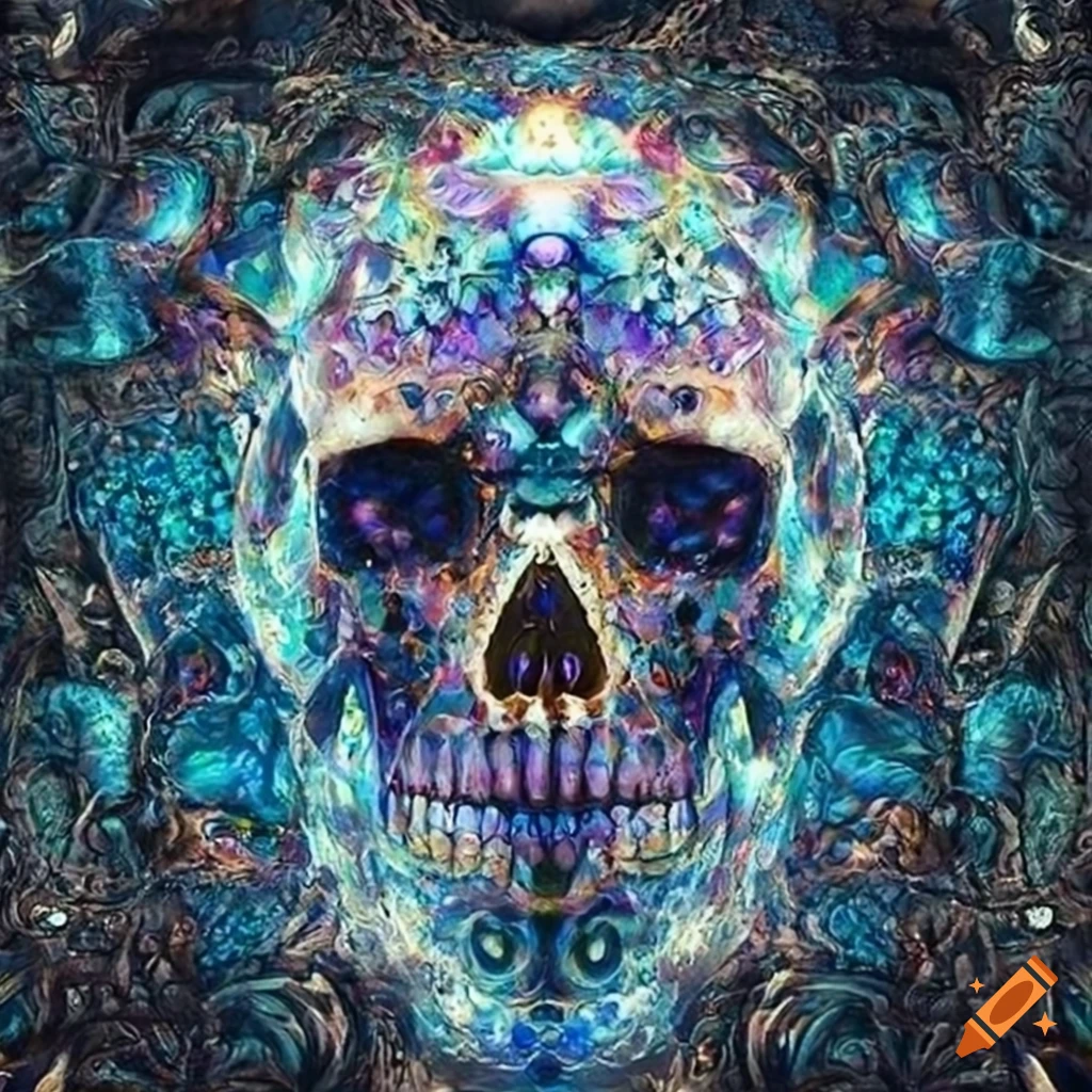 Intricate crystal skull artwork on Craiyon