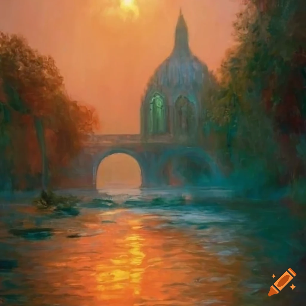 Monet painting of a Victorian garden with a pond and tall cathedral ...