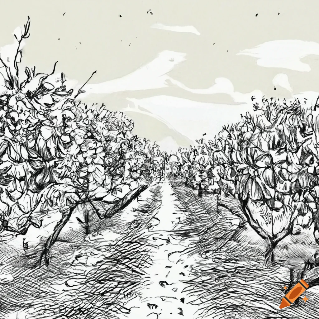 Black and white sketch of a dutch estate orchard on Craiyon