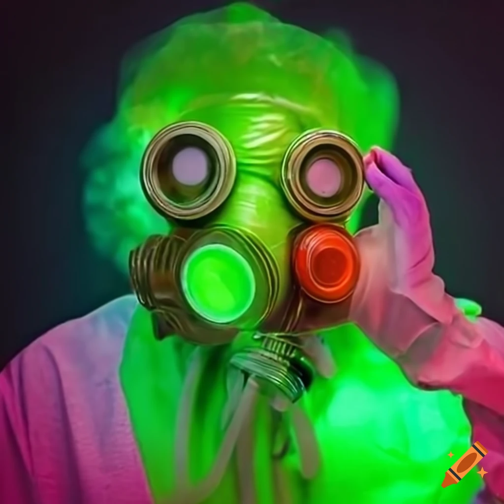 Scientist with lime-colored labcoat and tiki fruit jelly gas mask on ...