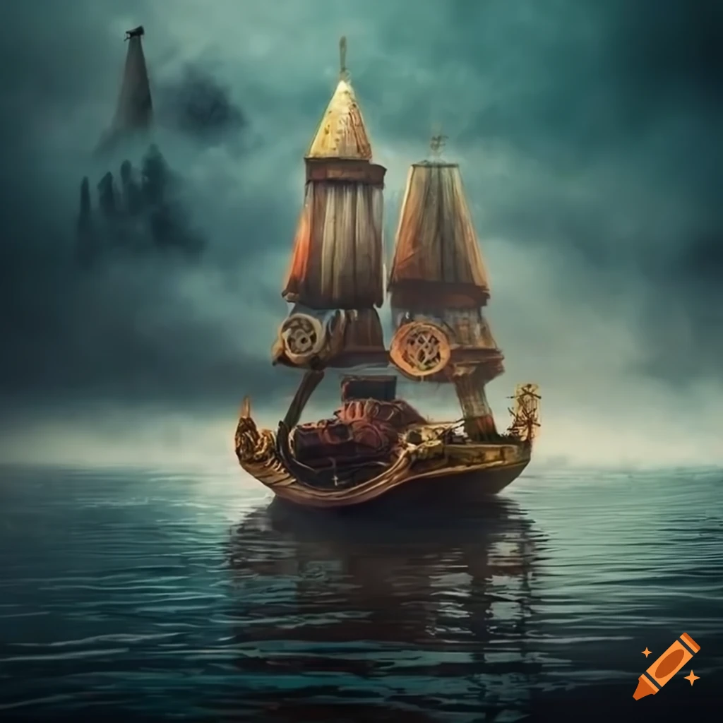 Surreal steampunk boat sailing in a strange sky on Craiyon