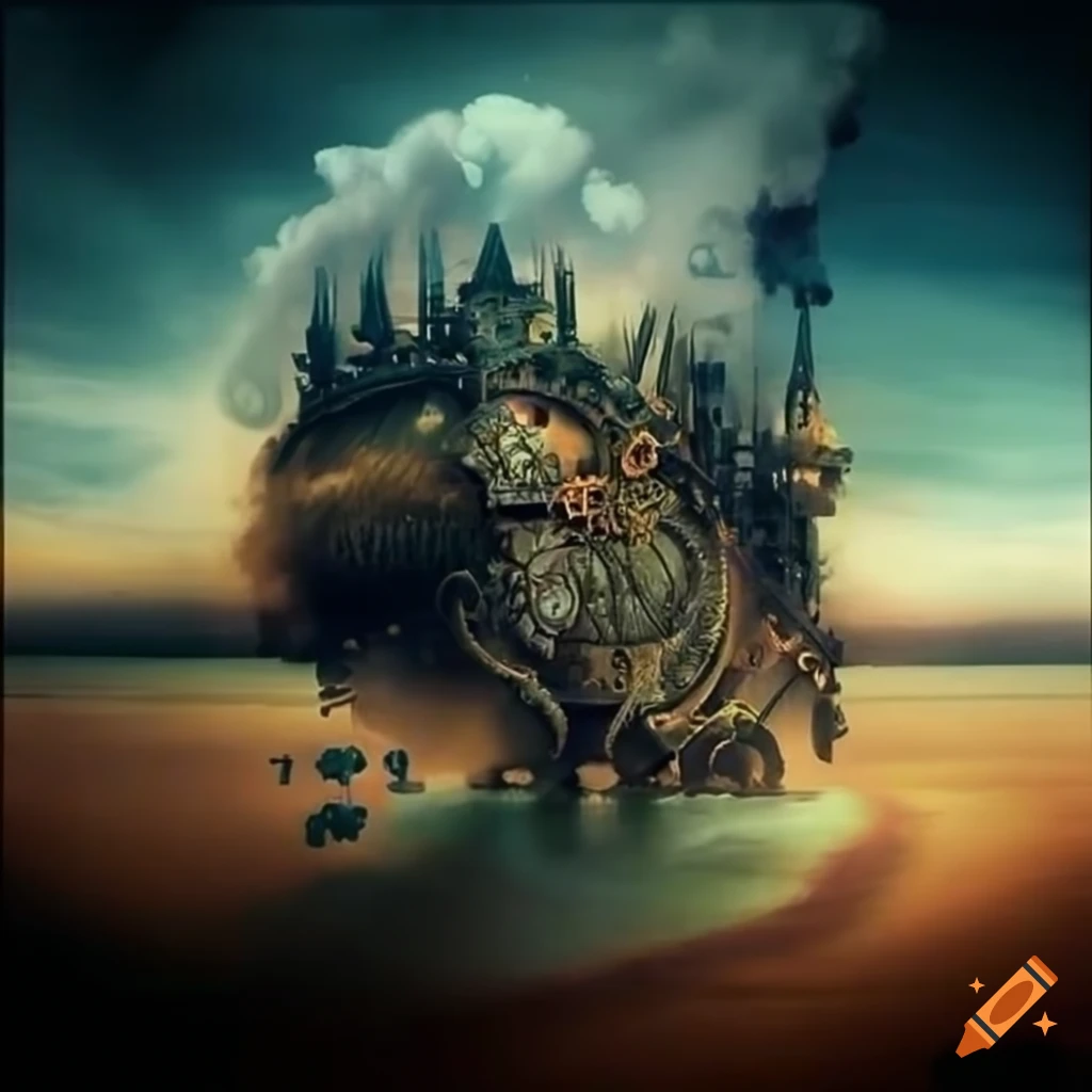 Surreal steampunk artwork with strange creatures on a beach on Craiyon