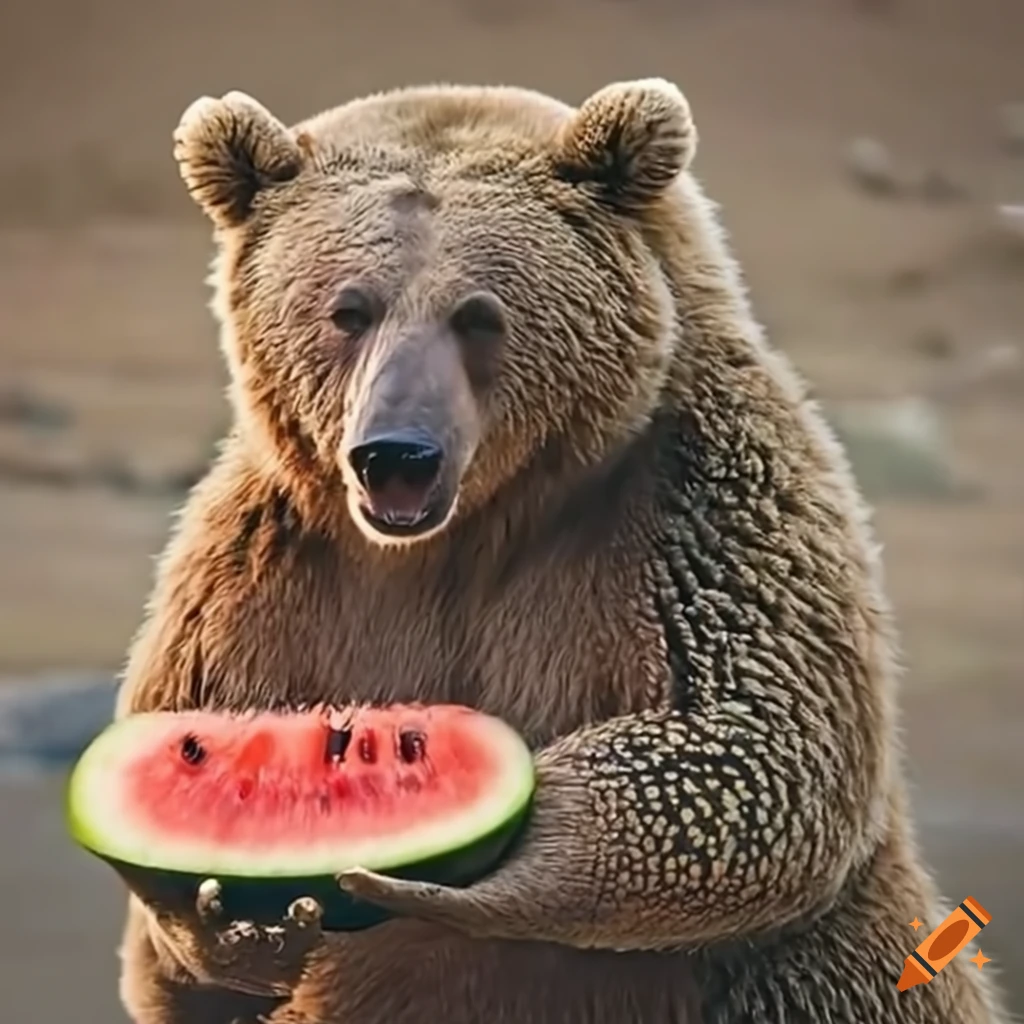 Cute bear selling a watermelon at a market on Craiyon