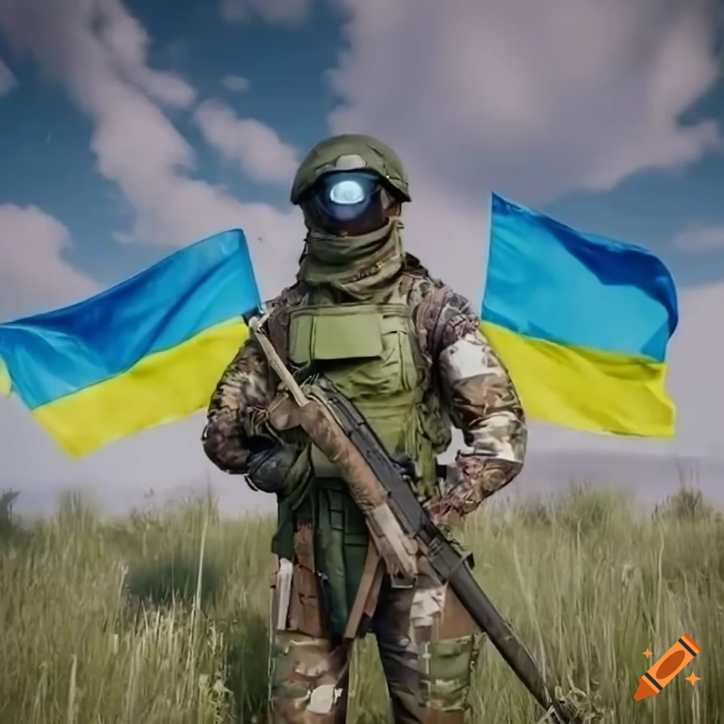 Portrait of Ukrainian sci-fi soldiers holding the flag with a tank on ...