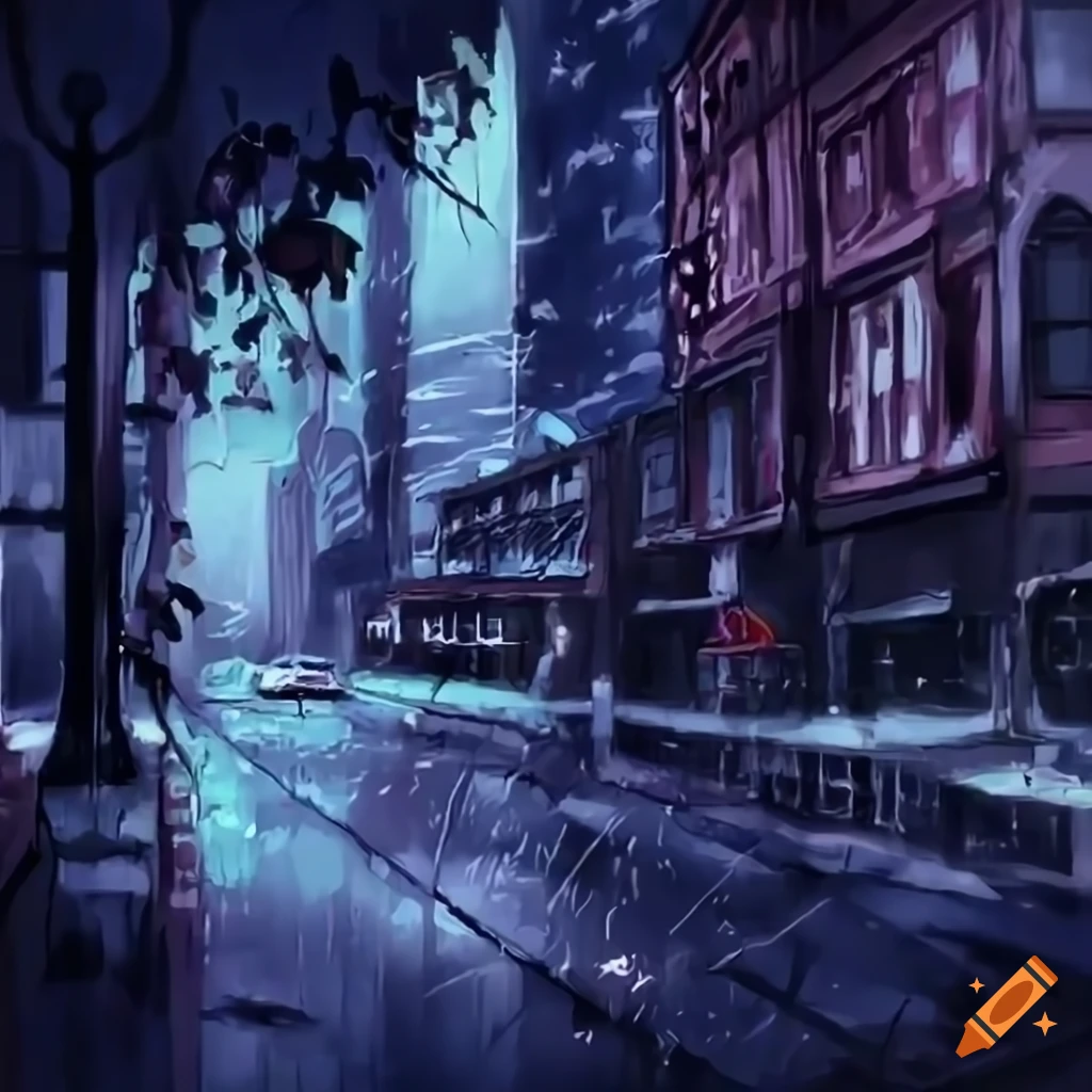 Anime depiction of rainy city streets on Craiyon